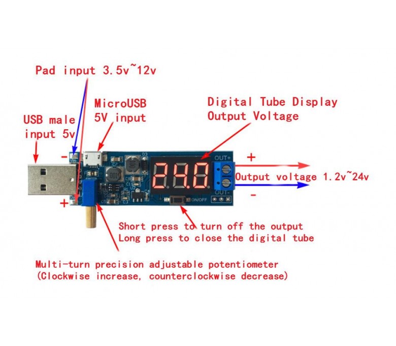 Modul USB & micro USB reglabil, cu afisaj LED, Boost Buck Step-up/down ...